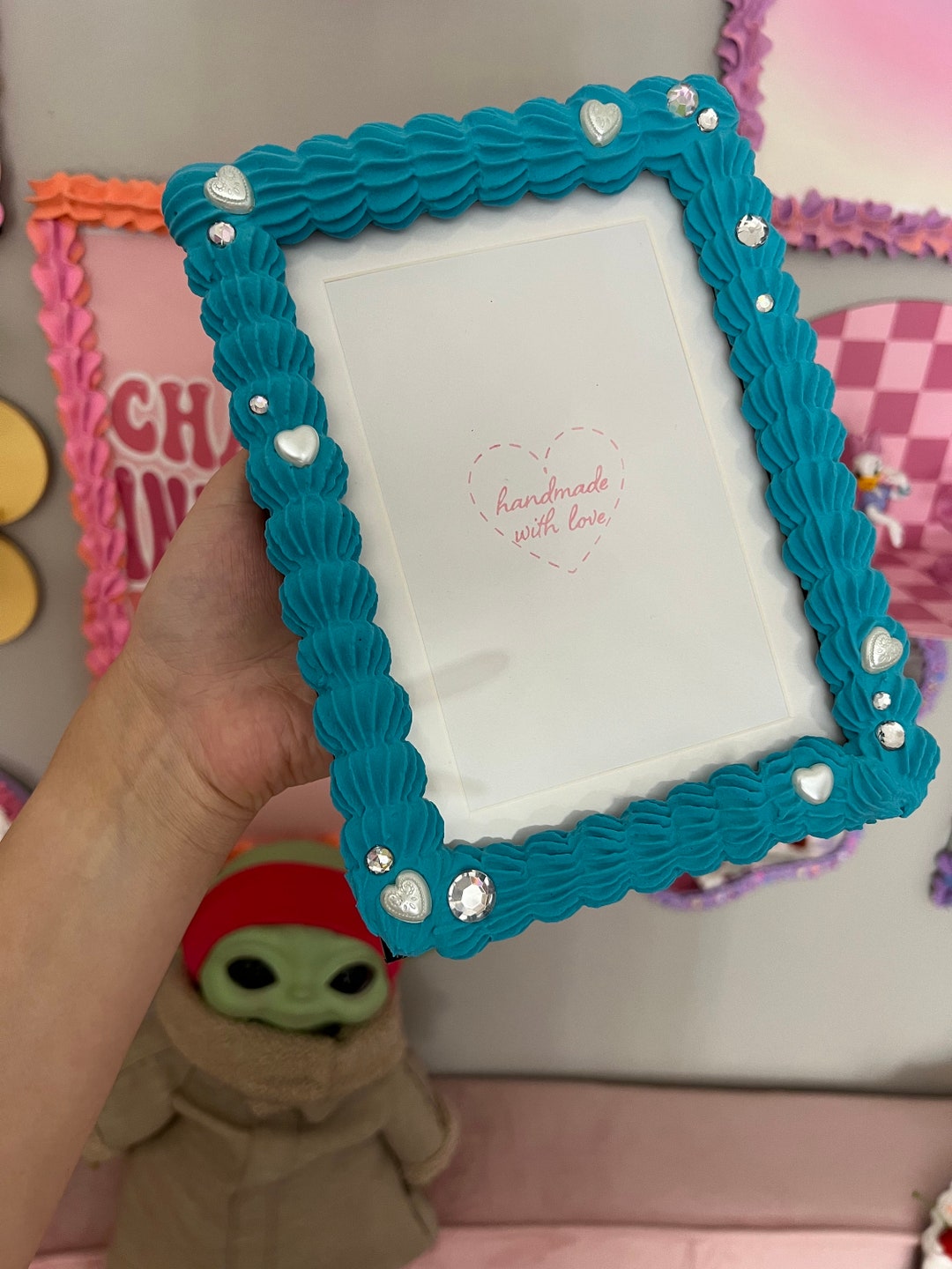 Fake Cake Photo Frame Teal With Heart Pearls and Rhinestones 4x6 / 5x7 ...