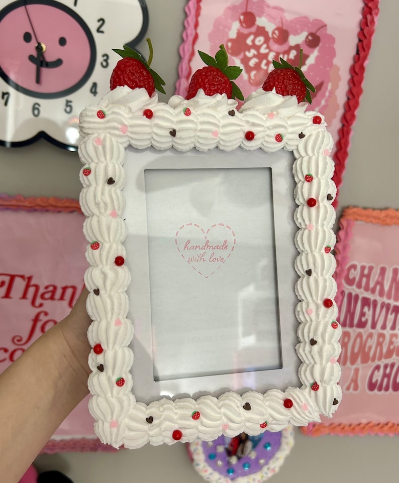 Fake Cake Photo Frame White With Strawberries Pieces and Strawberries ...