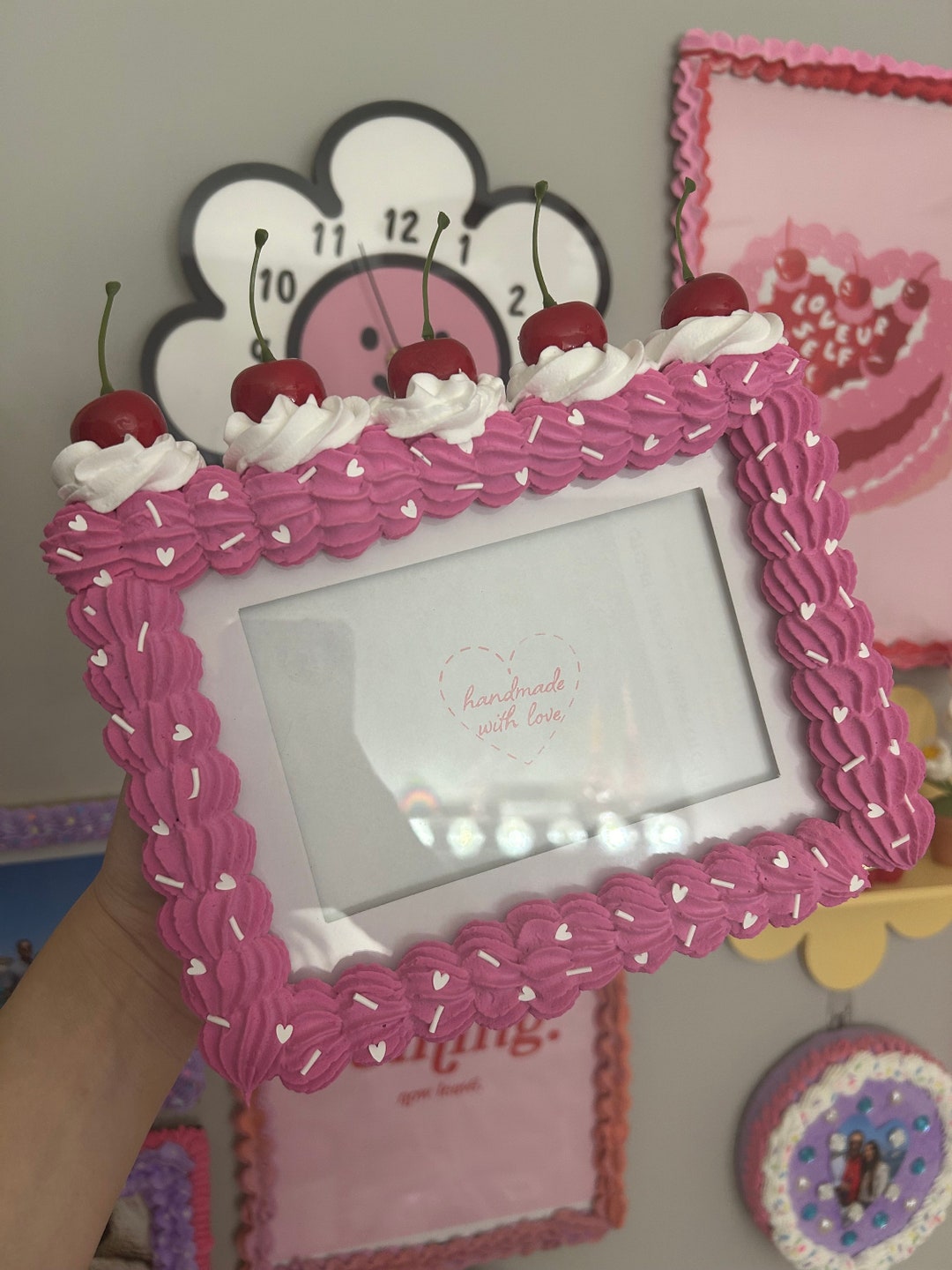 Fake Cake Photo Frame Pink With White Sprinkles , Hearts and Cherries ...