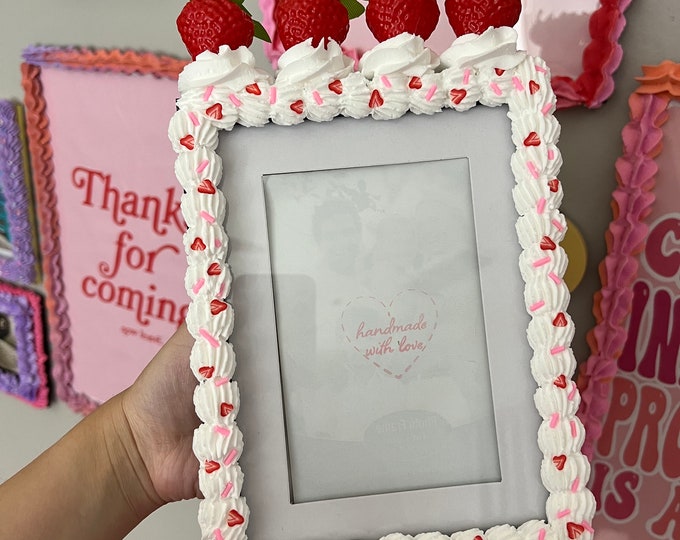 Fake Cake Photo Frame White With Strawberries Pieces and Strawberries ...