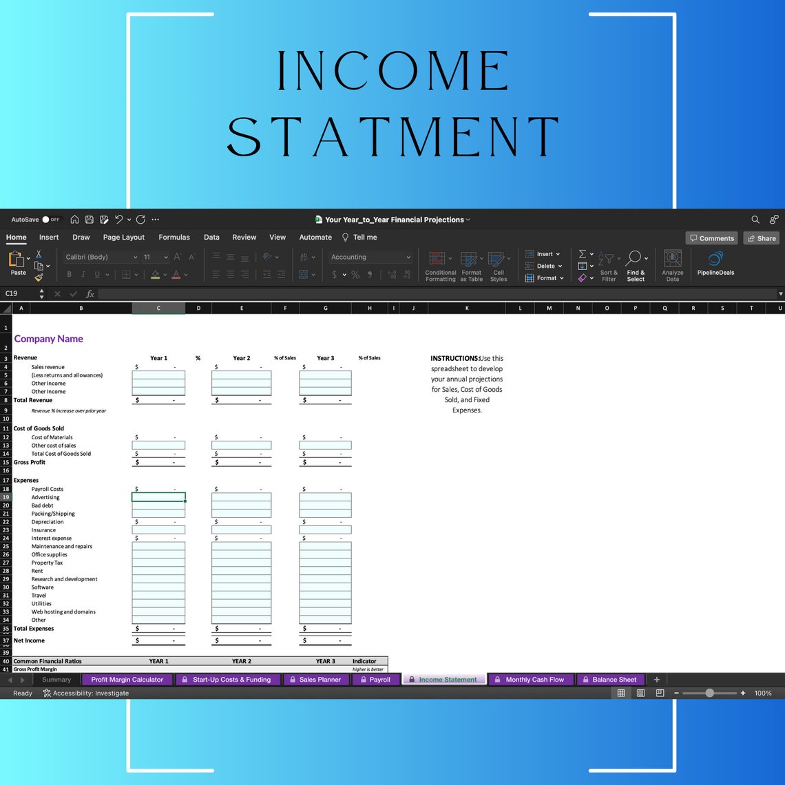 Financial Projections Template, Business Budget, Payroll, Balance Sheet ...