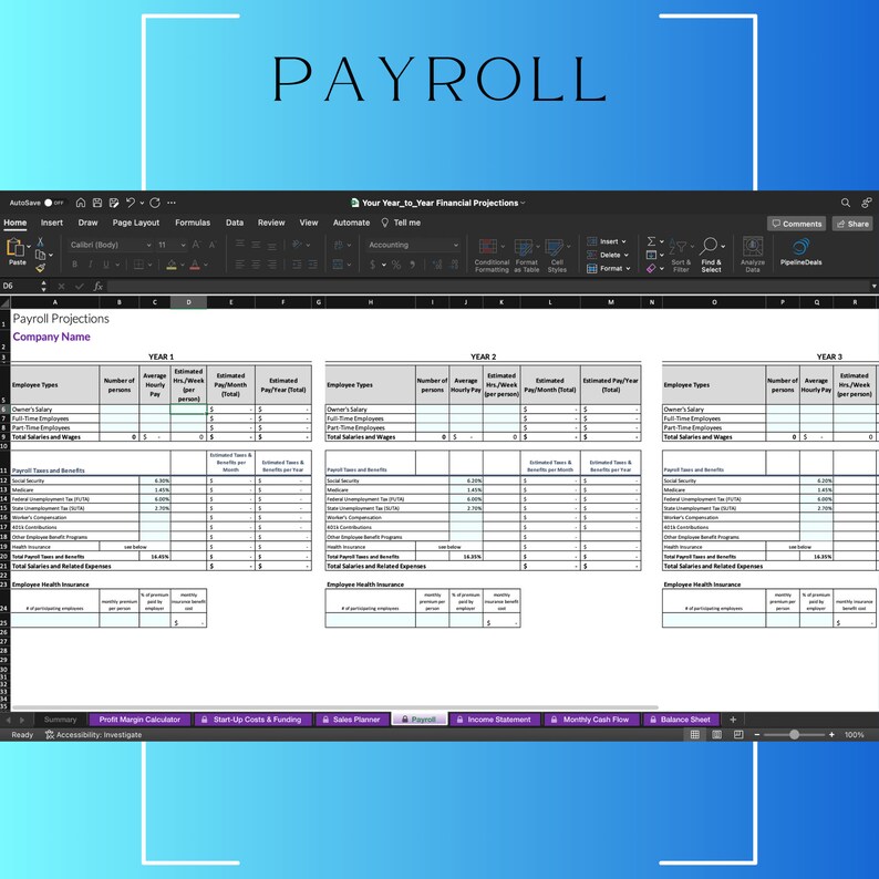 Financial Projections Template, Business Budget, Payroll, Balance Sheet ...