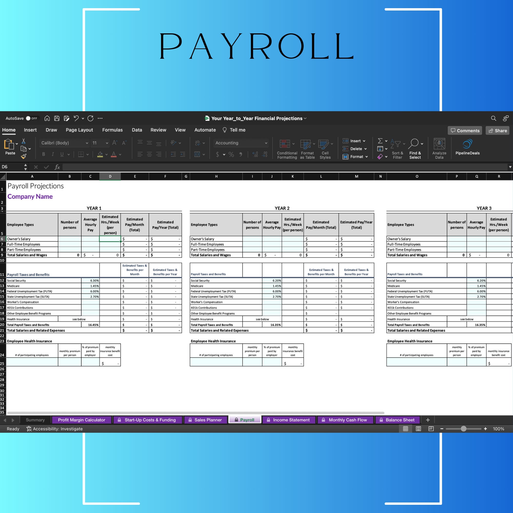 Financial Projections Template, Business Budget, Payroll, Balance Sheet ...