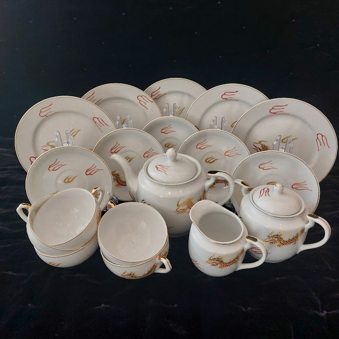Vintage Japanese Geisha Lithophane Tea Set: Hand-painted Red Dragon ...