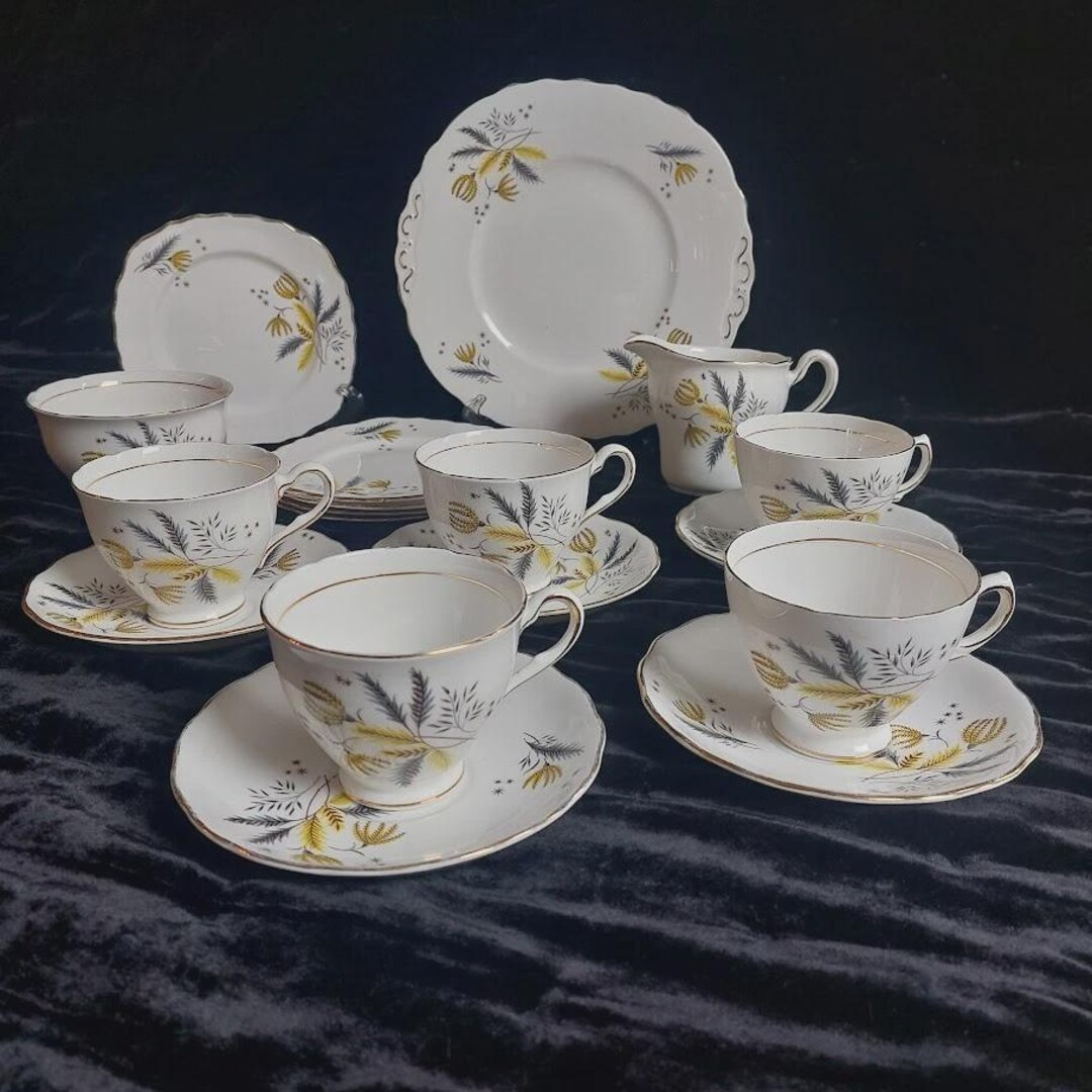 Vintage Colclough Stardust Tea Set: Yellow & Gray Ferns, Gold Trim - Etsy