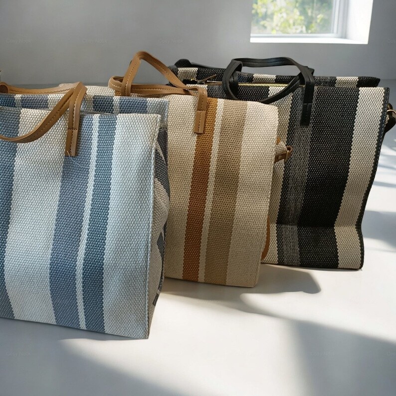 Striped Canvas Bag Cloth Bag Large Capacity Bag Casual - Etsy