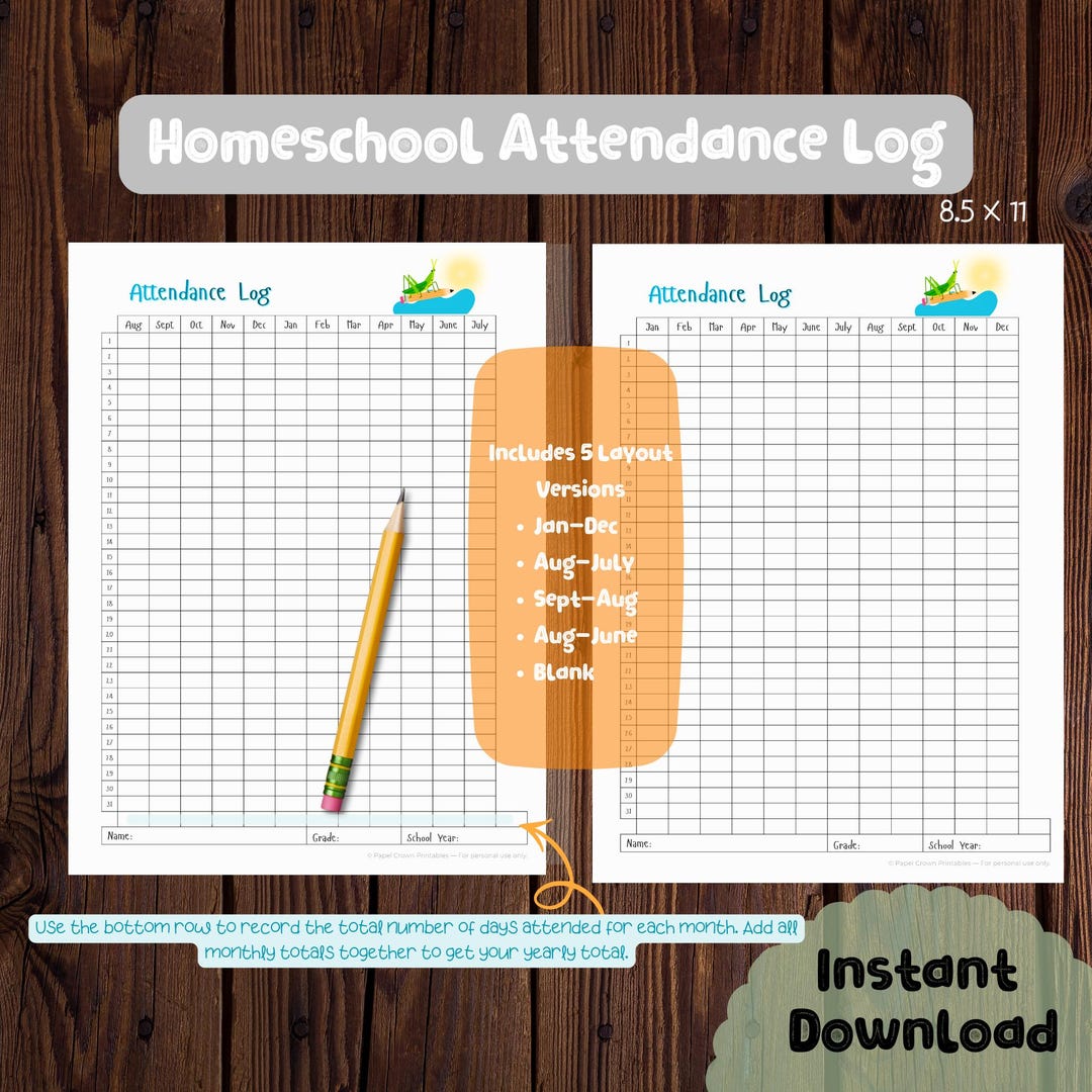 Homeschool Attendance Log Printable | 5 Layout Versions | Yearly ...