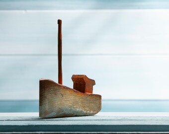Hand Carved Wood Fishing Boat, Rustic Whimsical Ship With Character ...