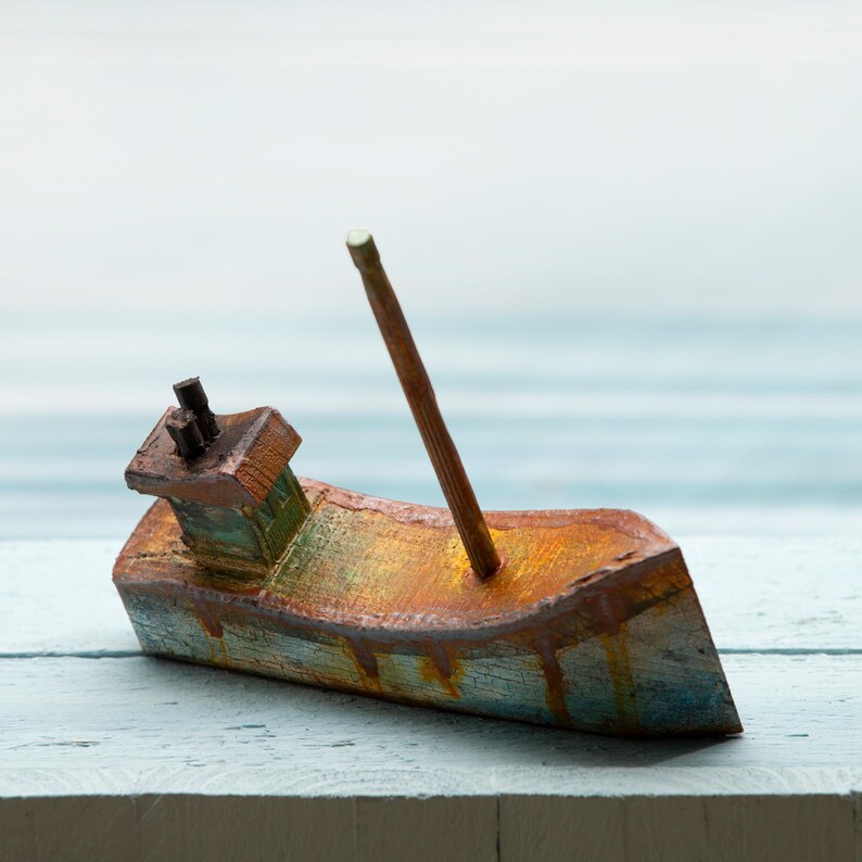 Fishing Boat Hand Carved & Unique, Pine Wood, Rustic Weathered Ship ...