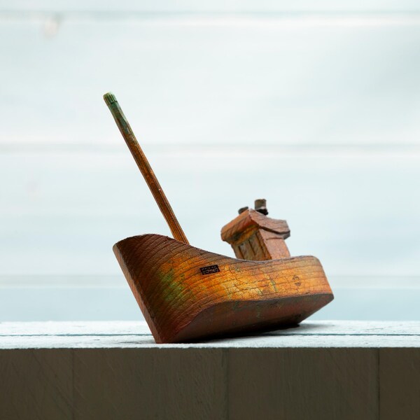 Hand Carved Wood Fishing Boat, Rustic Whimsical Ship With Character ...