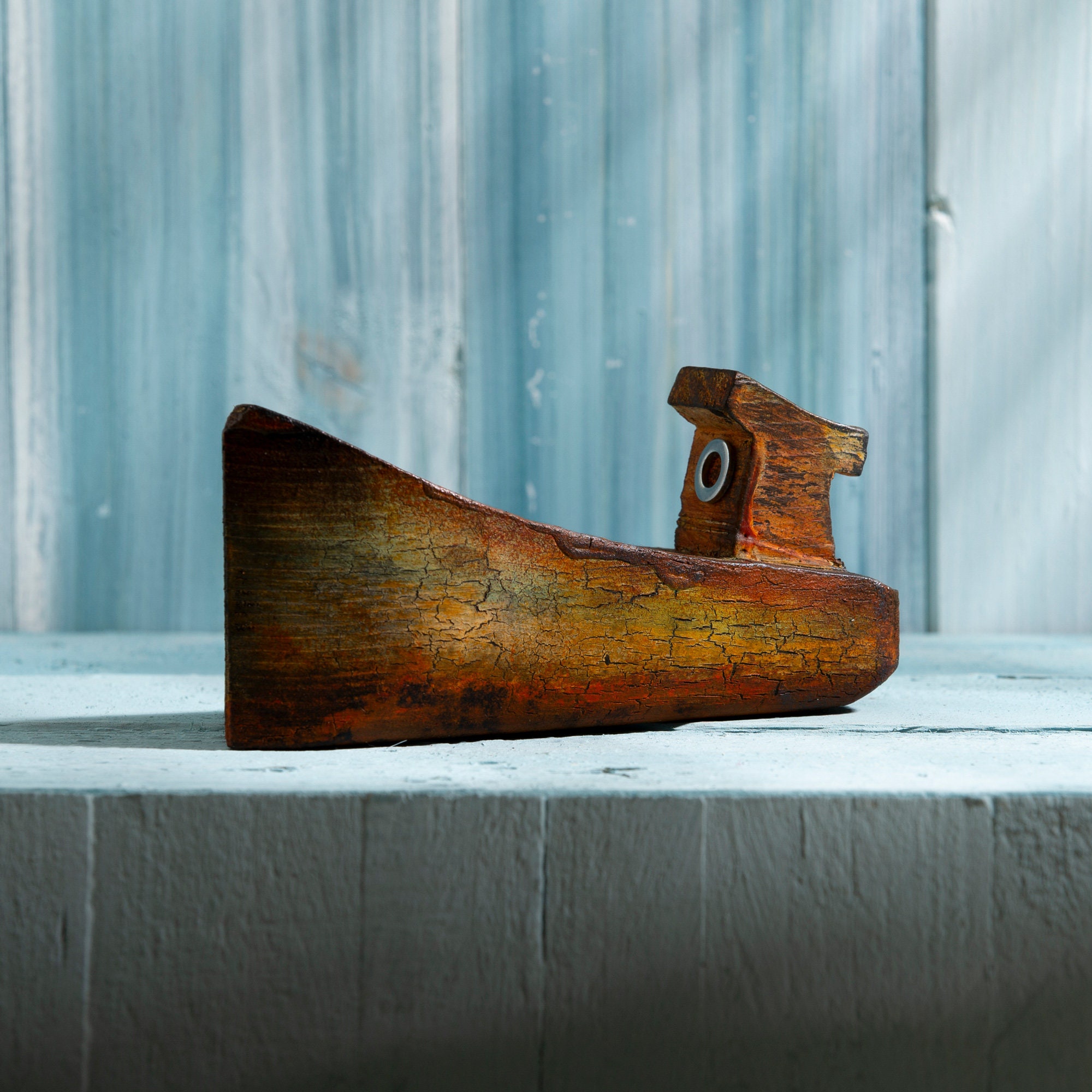 Hand Carved Wood Fishing Boat, Rustic Whimsical Ship With Character ...