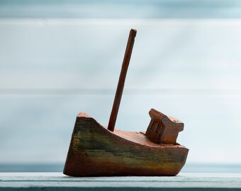 Hand Carved Wood Fishing Boat, Rustic Whimsical Ship With Character ...