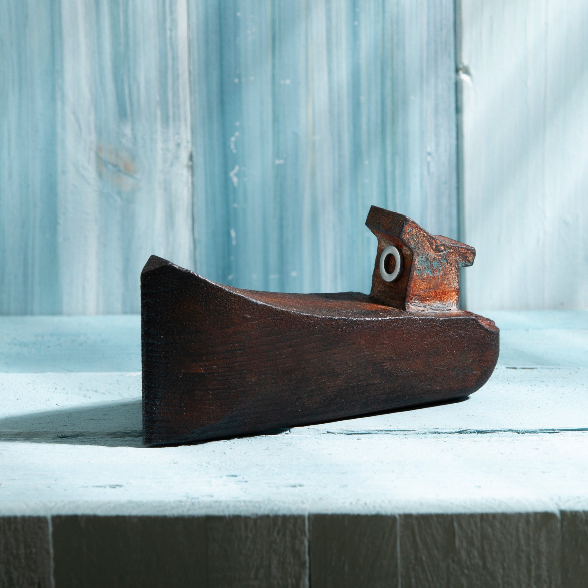 Hand Carved Wood Fishing Boat, Rustic Whimsical Ship With Character ...