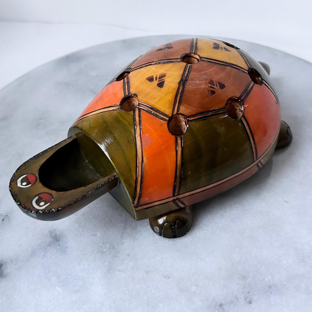 Wood Carved Kitschy Turtle Pencil Holder/dried Flower Frog - Etsy