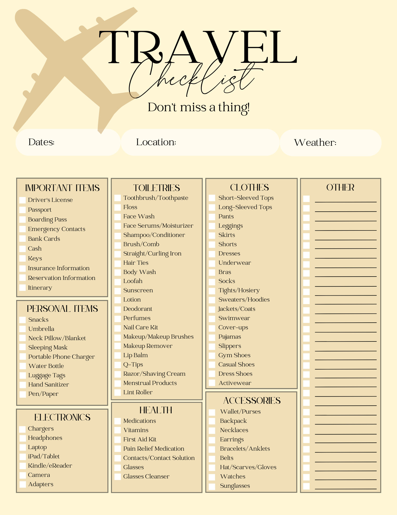 Travel Packlist Printable, Editable & Fillable PDF for Travel Checklists, Packing List for Women ...