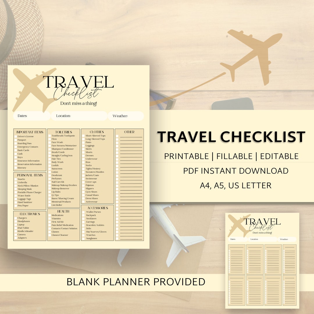 Travel Packlist Printable, Editable & Fillable PDF for Travel ...
