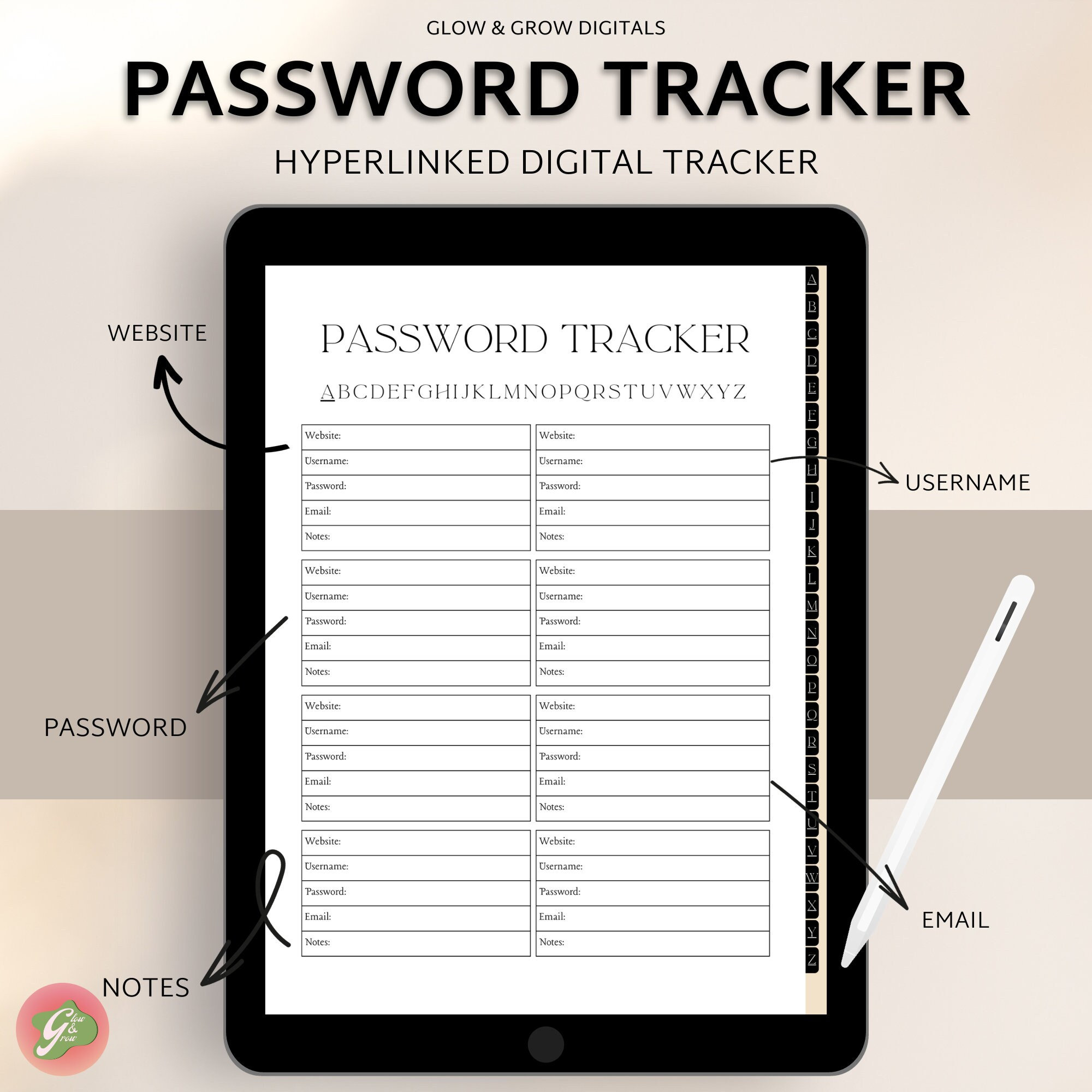 Digital Password Tracker, Printable, Password Log, Password Organizer ...
