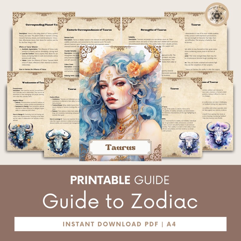 Taurus Zodiac Sign Astrology Guide, Horoscope Insights (printable A4 ...