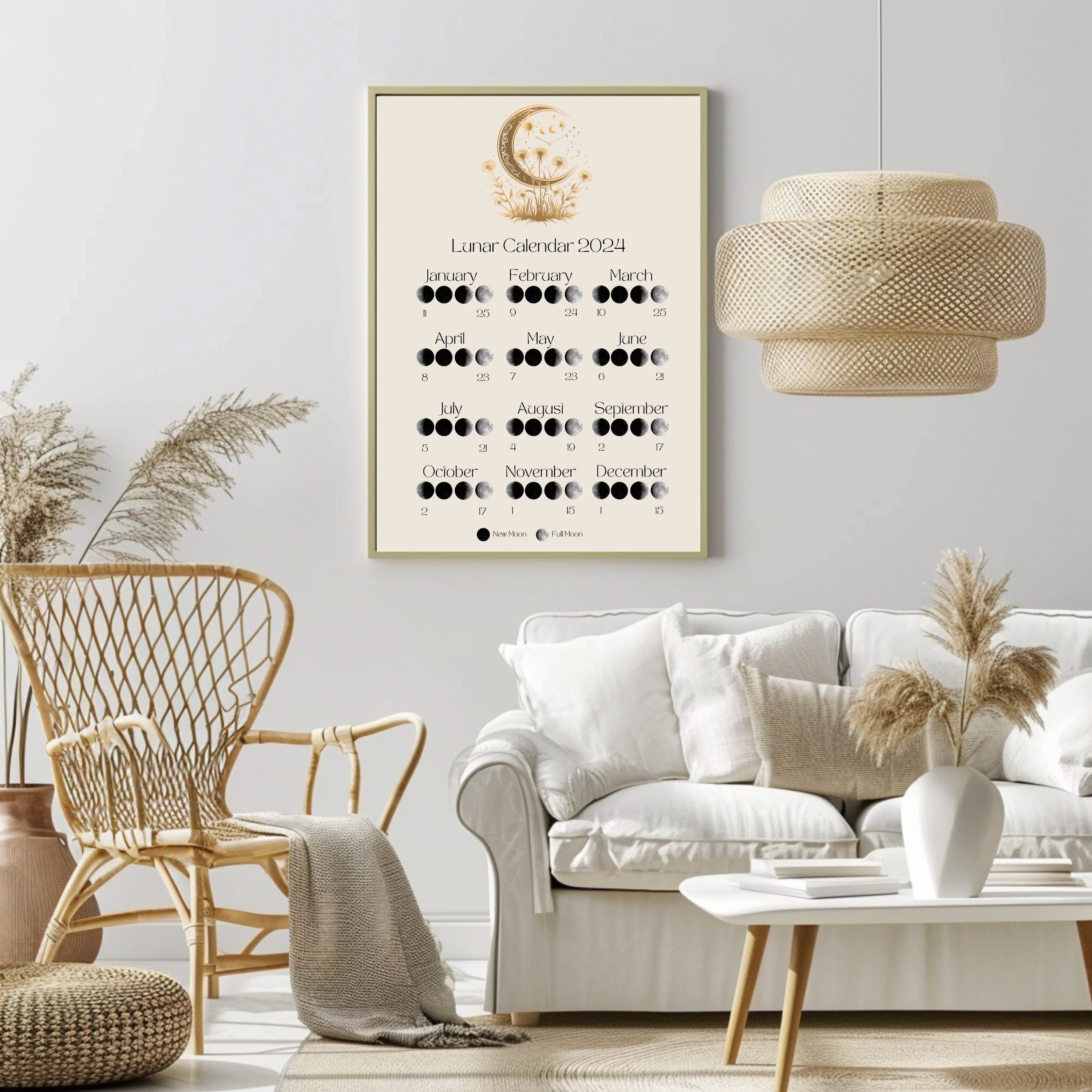 Moon Calendar 2024, Lunar Calendar 2024, 2024 Calendar Printable, Moon ...