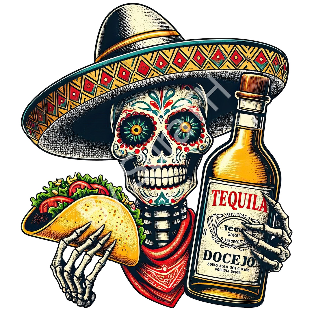 Mexican Sugar Skull Tacos and Tequila PNG, Cinco De Mayo, Day of the ...
