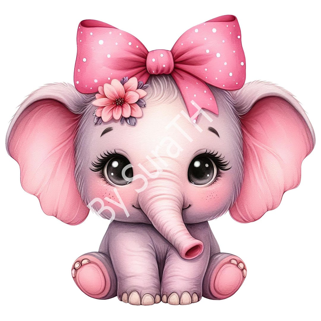 Pink Bow Elephant PNG Clipart, Baby Animal Printable (digital Download ...
