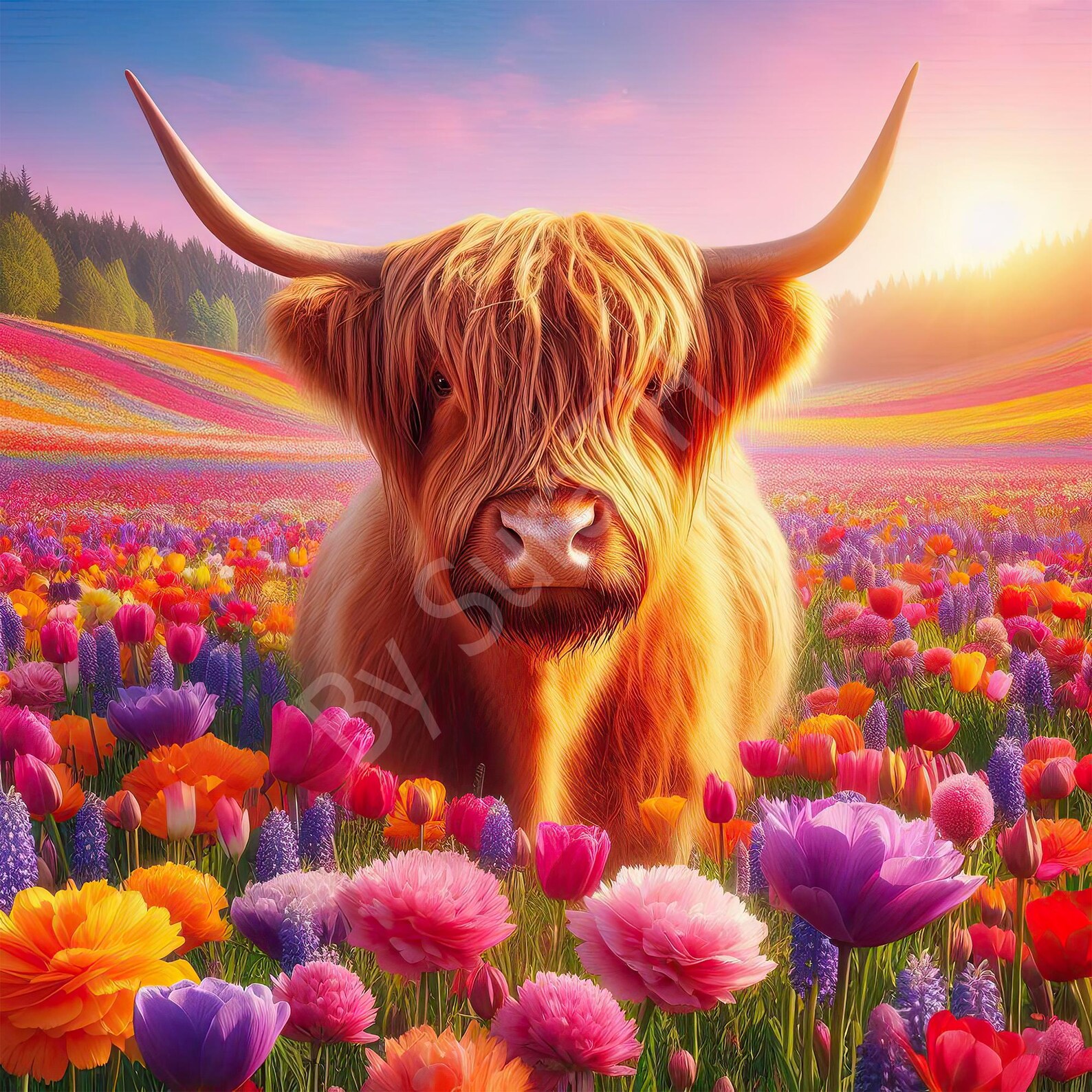 Cute Highland Cow in a Flower Field, Highland Cow Sunset, Highland Cow ...