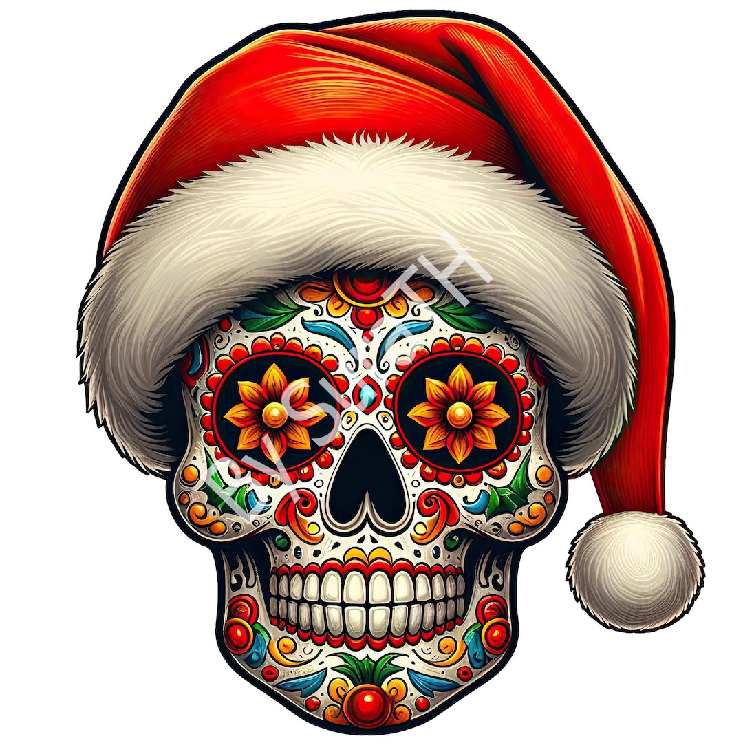 Mexican Christmas Sugar Skull PNG, Santa Sugar Skull Clipart, Xmas ...