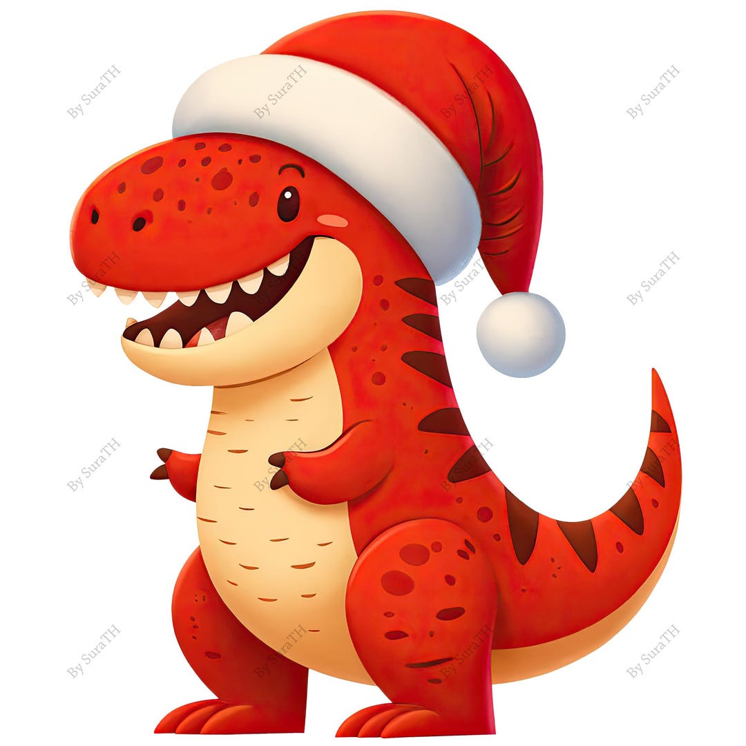 Cute Dinosaur T-rex Santa Hat PNG, Funny Christmas Clipart, Digital ...
