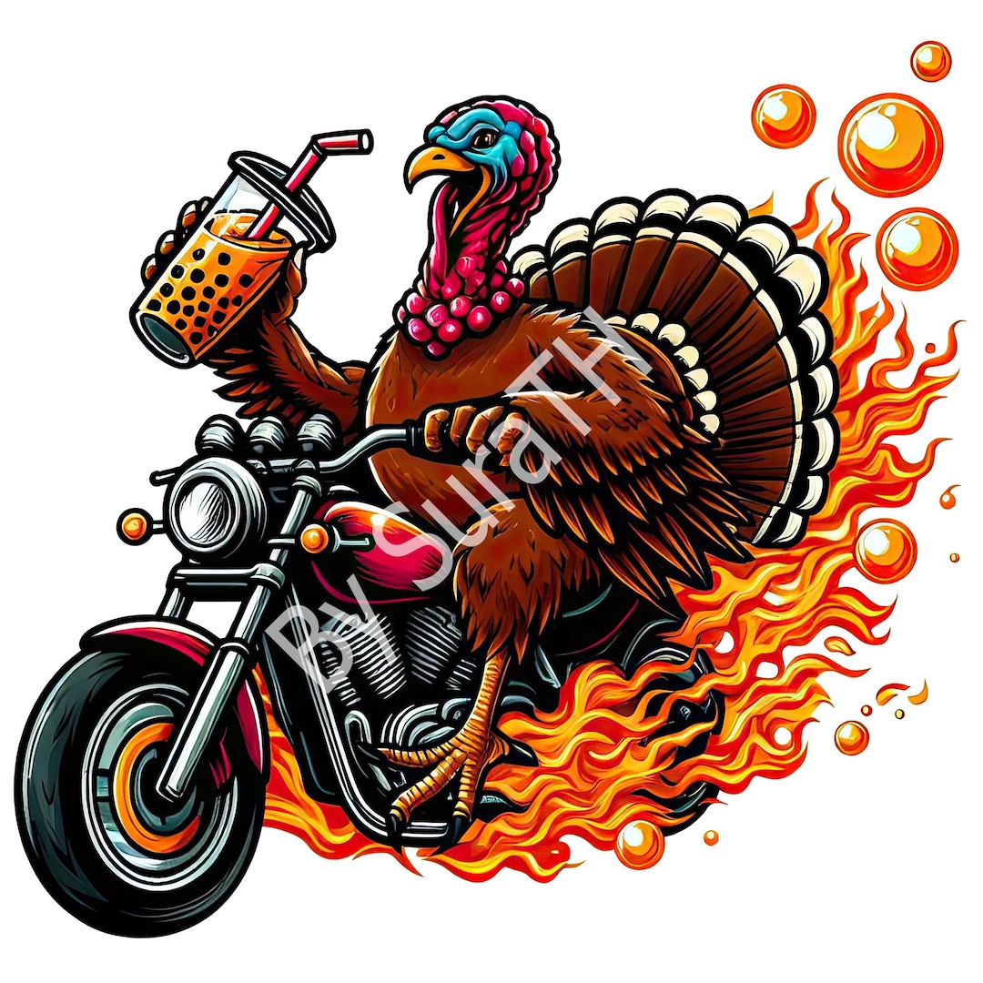 Funny Turkey Bubble Tea Thanksgiving PNG, Flaming Turkey Riding ...