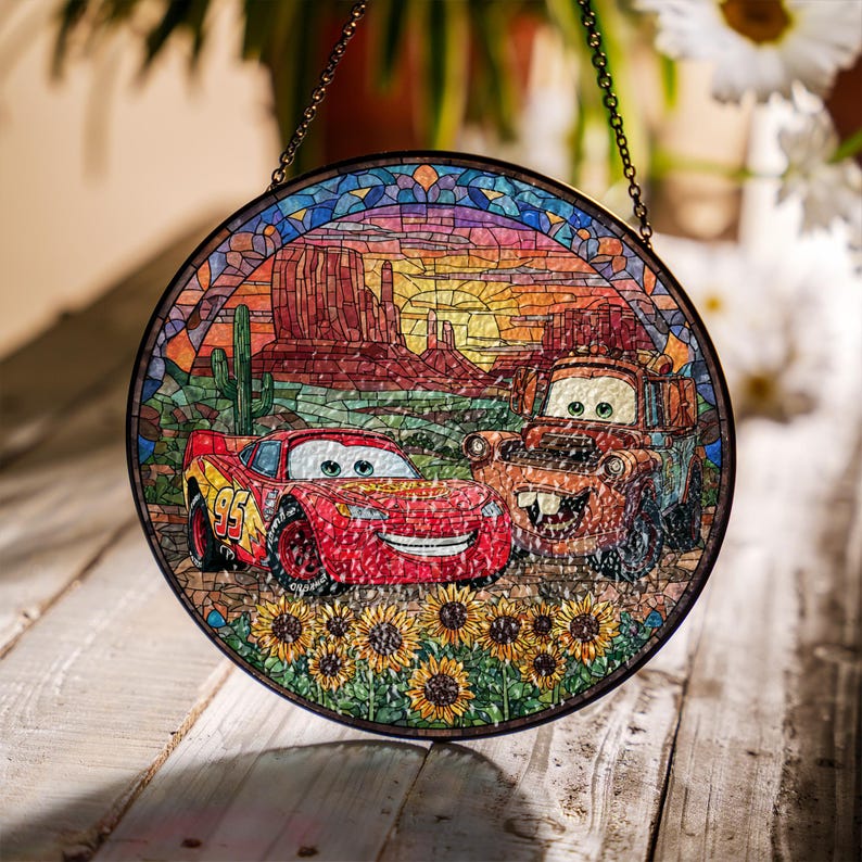 Disney Lightning Mcqueen and Mater Stained Glass Suncatcher, Disney ...