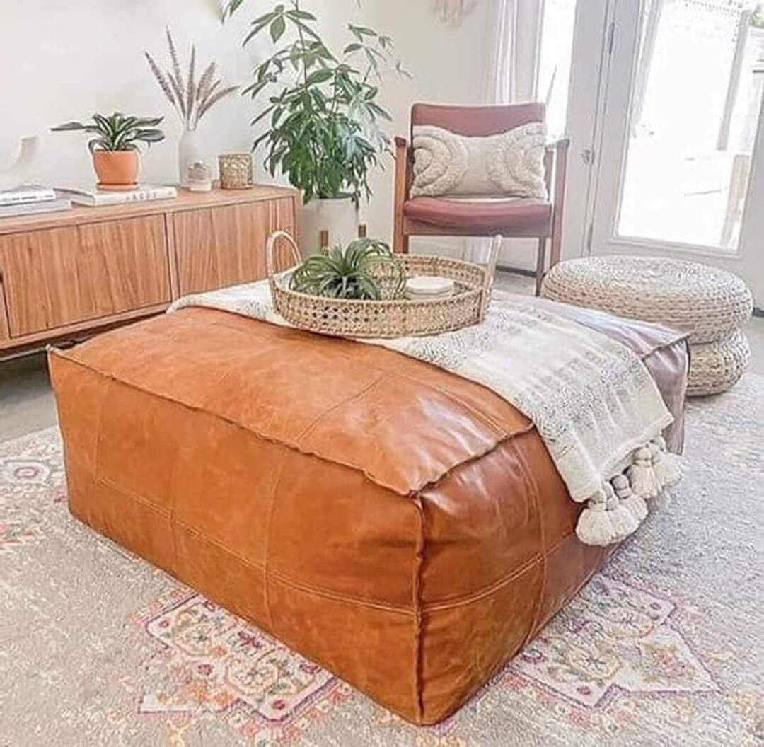 Leather Pouf Ottoman, Tan Crunch Design Footrest, Handmade Unstuffed ...