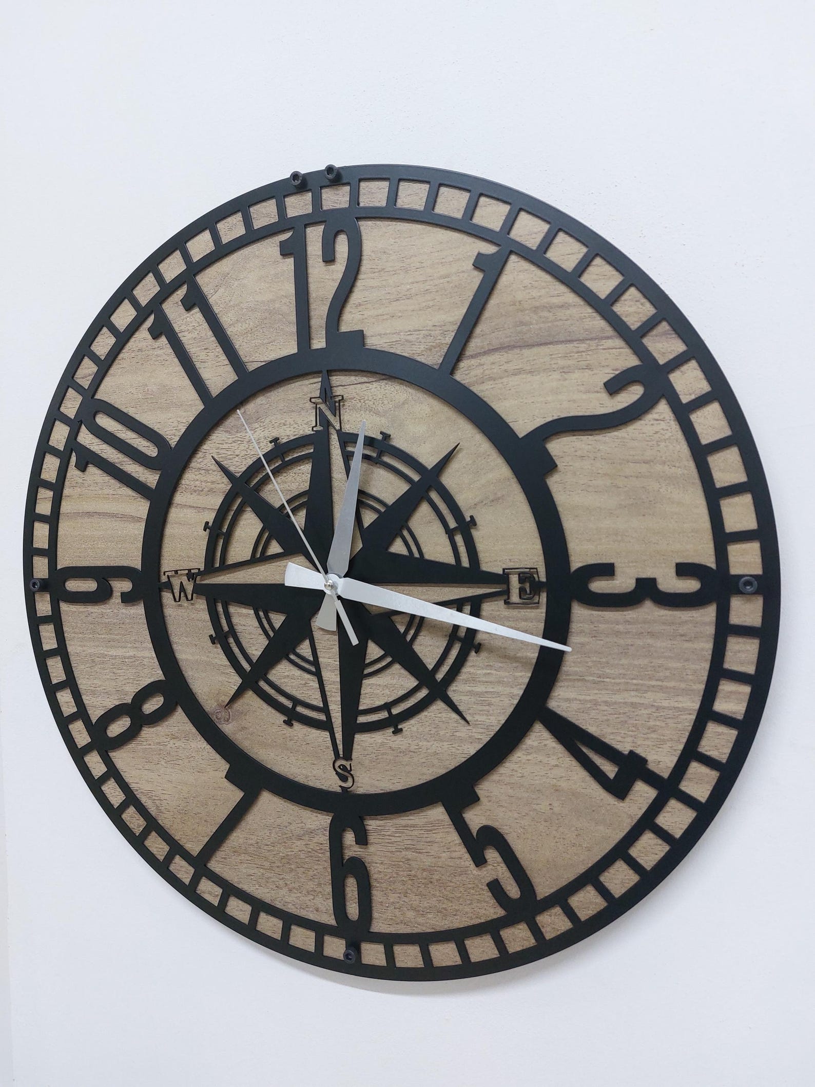 Large Compass Metal Wall Clock,wooden Compass Wall Clock,unique With ...