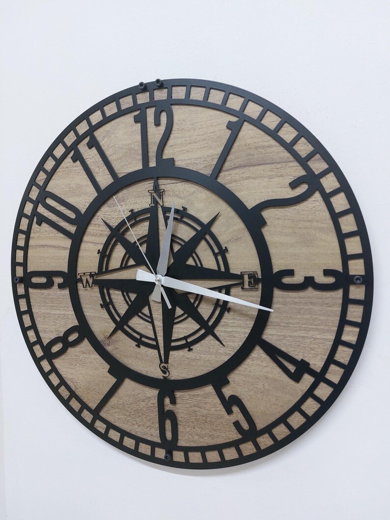 Large Compass Metal Wall Clock,wooden Compass Wall Clock,unique With ...