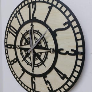 Wooden Metal Wall Clock, Compass Wall Clock, Latin Numeral Compass ...