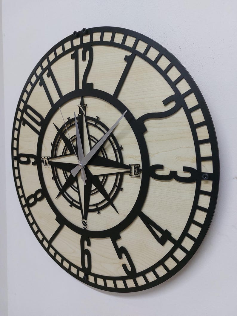 Wooden Metal Wall Clock, Compass Wall Clock, Latin Numeral Compass ...