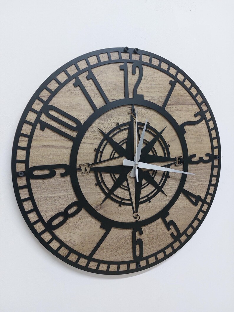 Large Compass Metal Wall Clock,wooden Compass Wall Clock,unique With ...