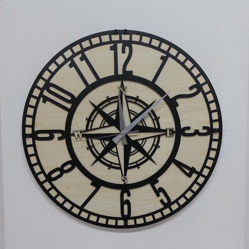 Wooden Metal Wall Clock, Compass Wall Clock, Latin Numeral Compass ...