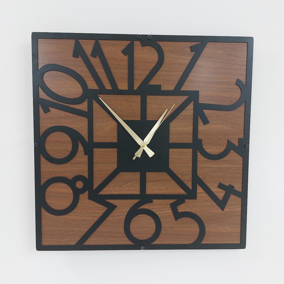 Square Black Large Latin Numeral Metal and Wood Wall Clock, Square Wall ...