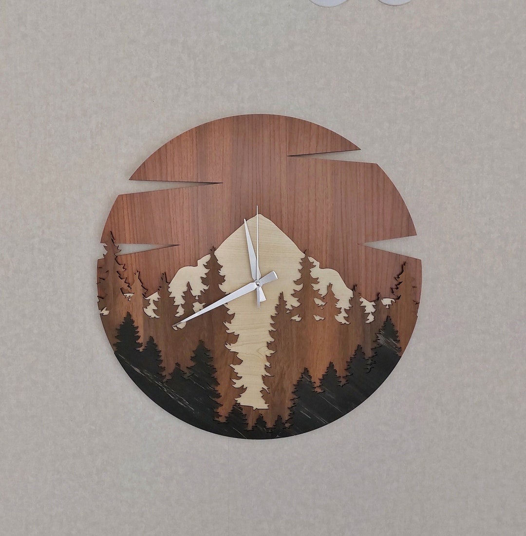 Mountain Wall Clock, Wooden Wall Art, Layered Clock, Mountain Wall ...