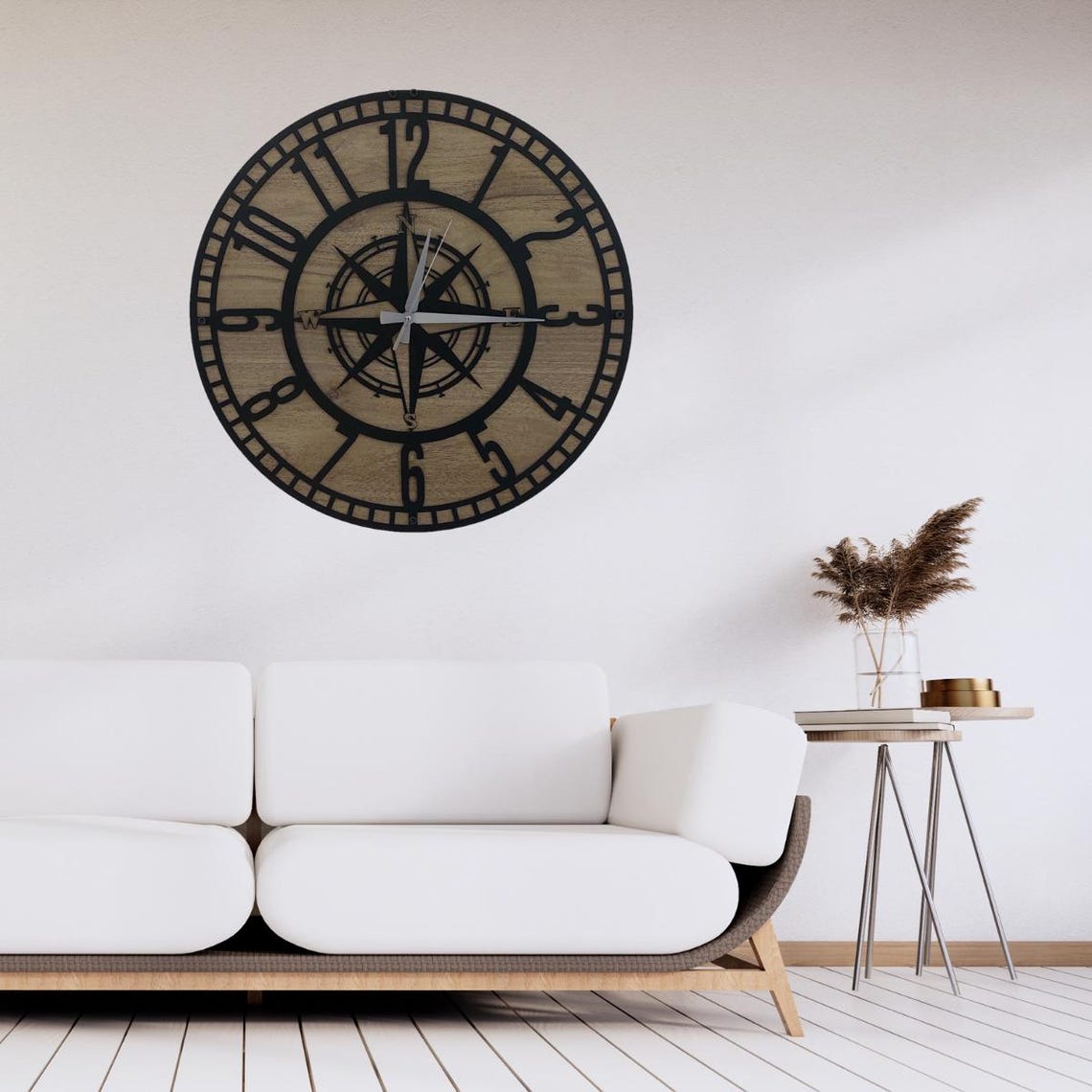 Large Compass Metal Wall Clock,wooden Compass Wall Clock,unique With ...