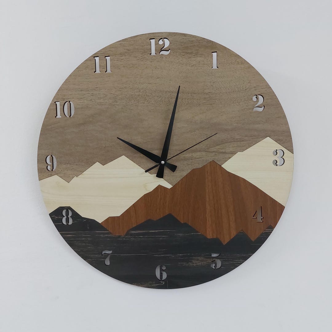 Mountain Wall Clock, Wooden Wall Art, Nature Wall Clock, Mountain Wall ...