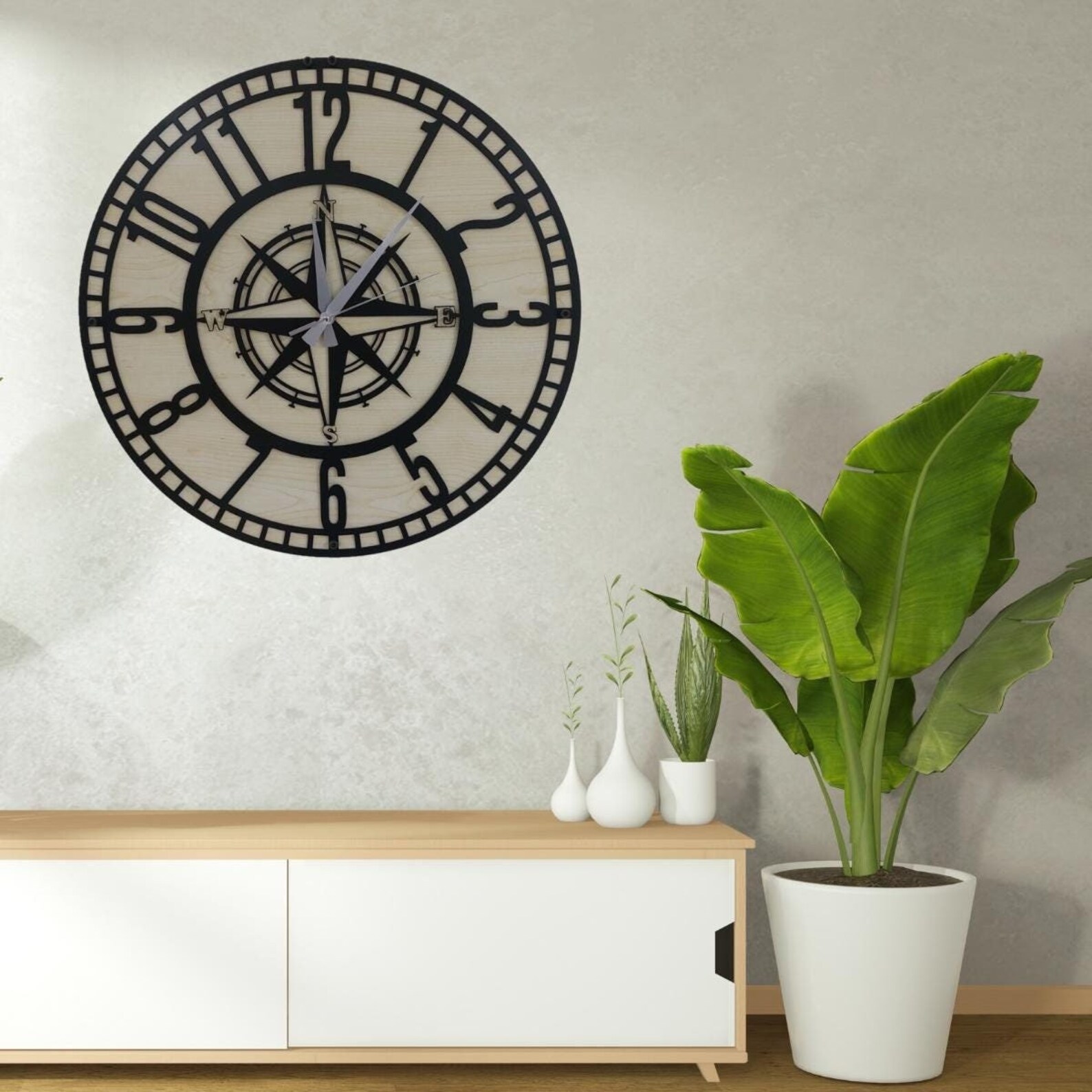 Wooden Metal Wall Clock, Compass Wall Clock, Latin Numeral Compass ...