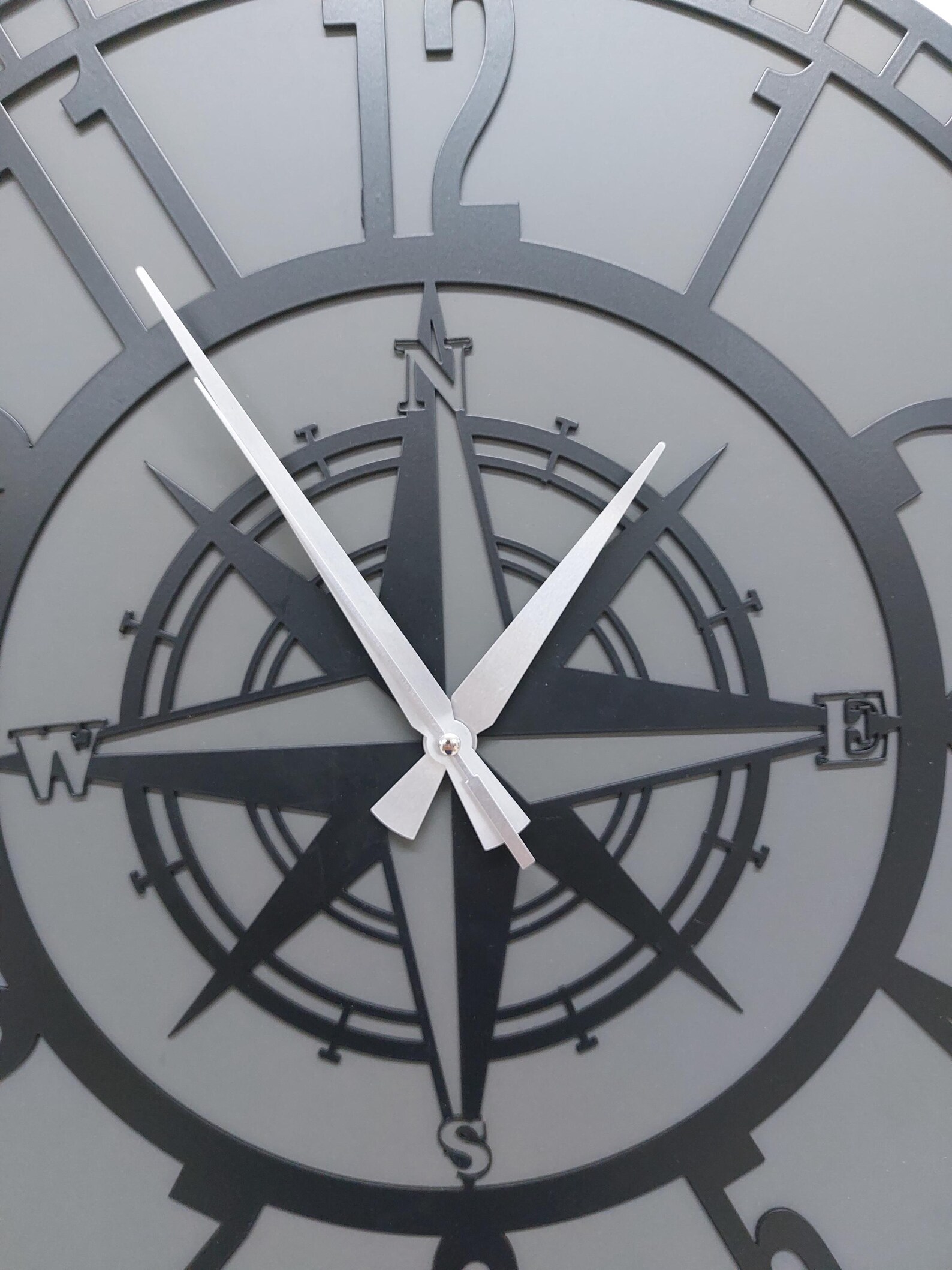 Wooden Metal Wall Clock, Compass Wall Clock, Grey Wall Clock, Large ...