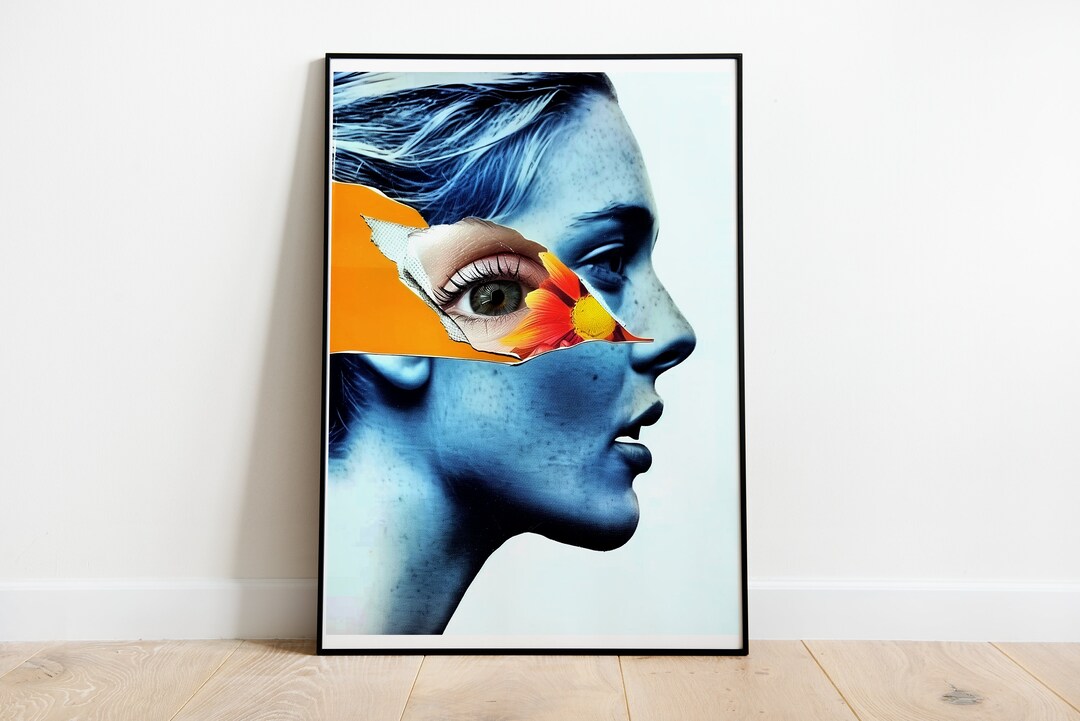 A Blue Woman's Face, Orange Flower Poster, Collage Art Style, Woman ...