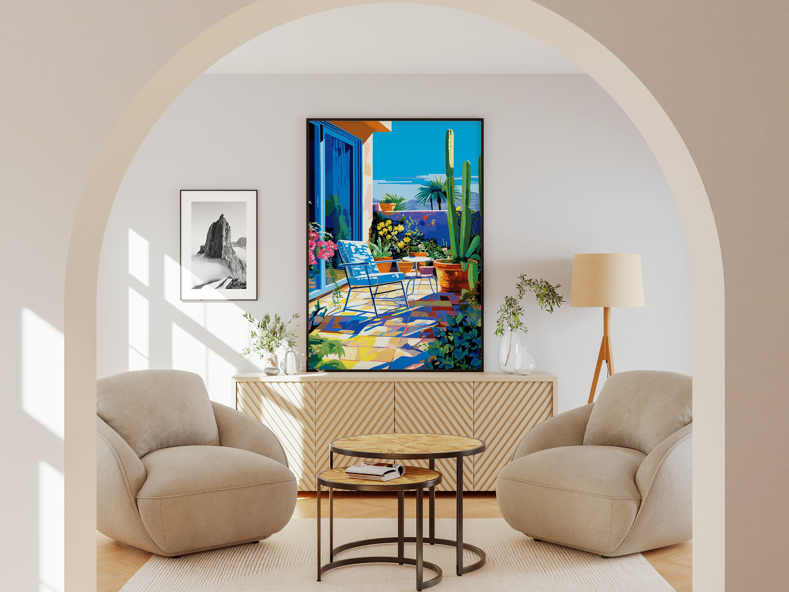 Chairs on a Patio With Potted Plants and Cactus Poster, Fauvist Pop Art ...