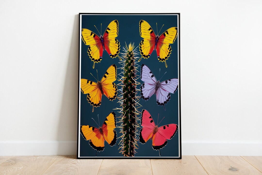 Butterfly on Top of the Cactus Poster, Hyper Realistic Art, Symmetrical ...