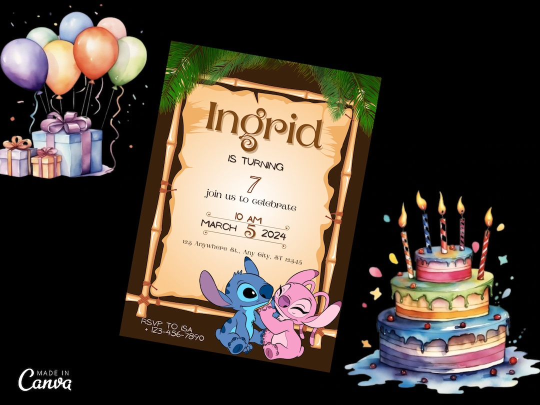 Stitch and Angel Birthday Invitation Template, Editable Stitch Canva ...