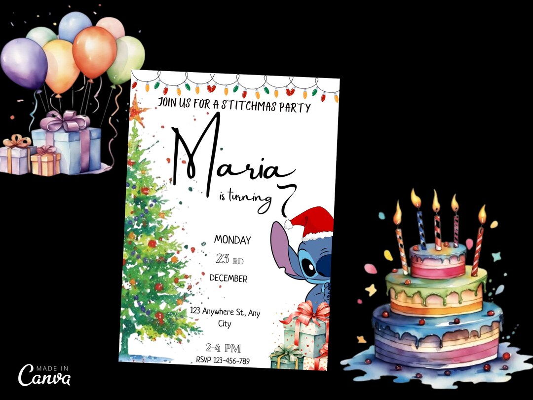 Stitchmas Birthday Invitation Template, Editable Canva Kids Party ...