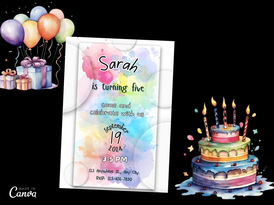 Watercolor Rainbow Birthday Invitation, Printable Template (digital ...