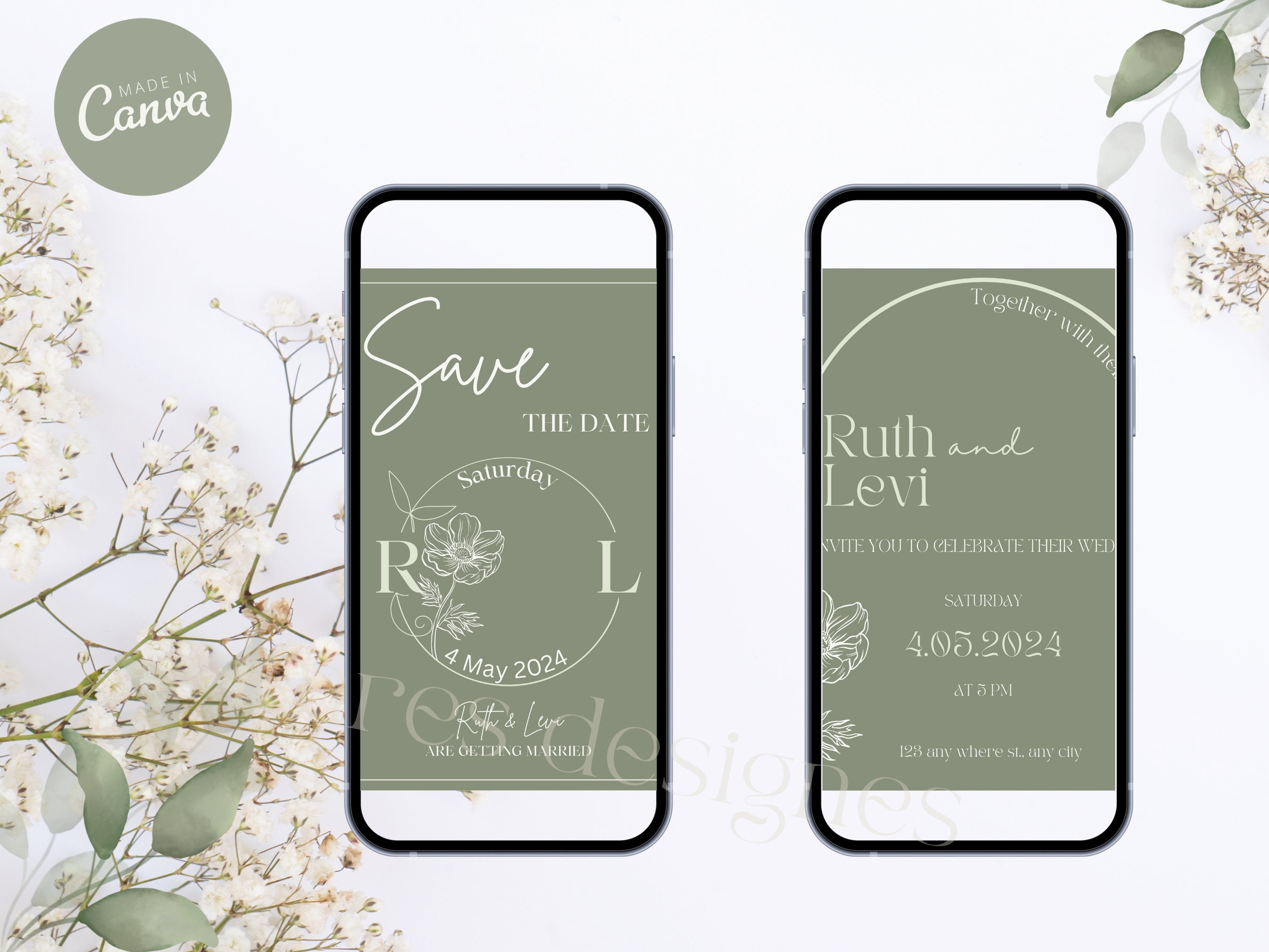 Digital Template Wedding Invitation, Green Wedding Invitation, Greenery ...